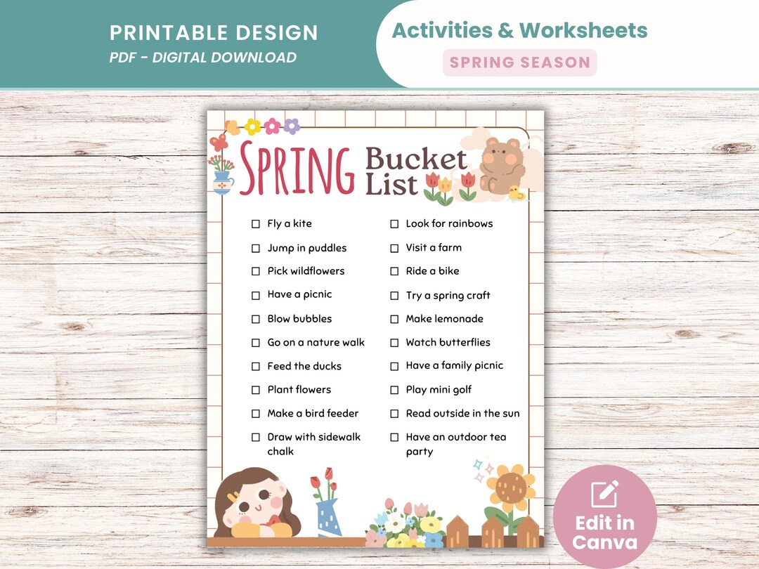 Spring Bucket List Activity Checklist Printable Spring to Do List ...