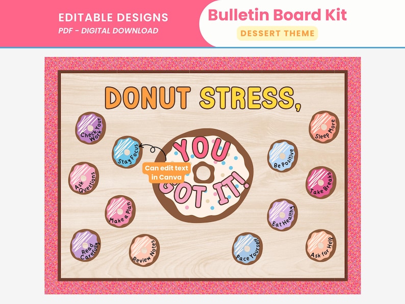 Donut Stress You Got It Test Tips Prep Pun Bulletin Board Kit Editable ...