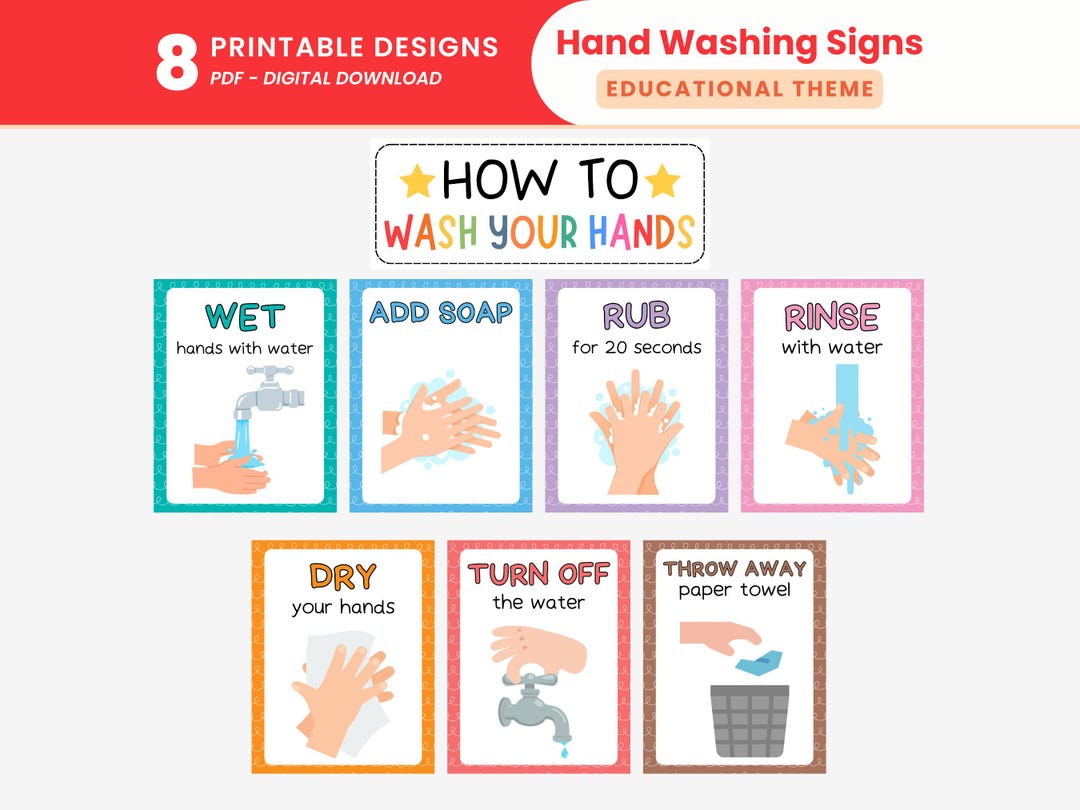 Hand Washing Steps Signs Bright Posters Big and Mini Printable Hand ...