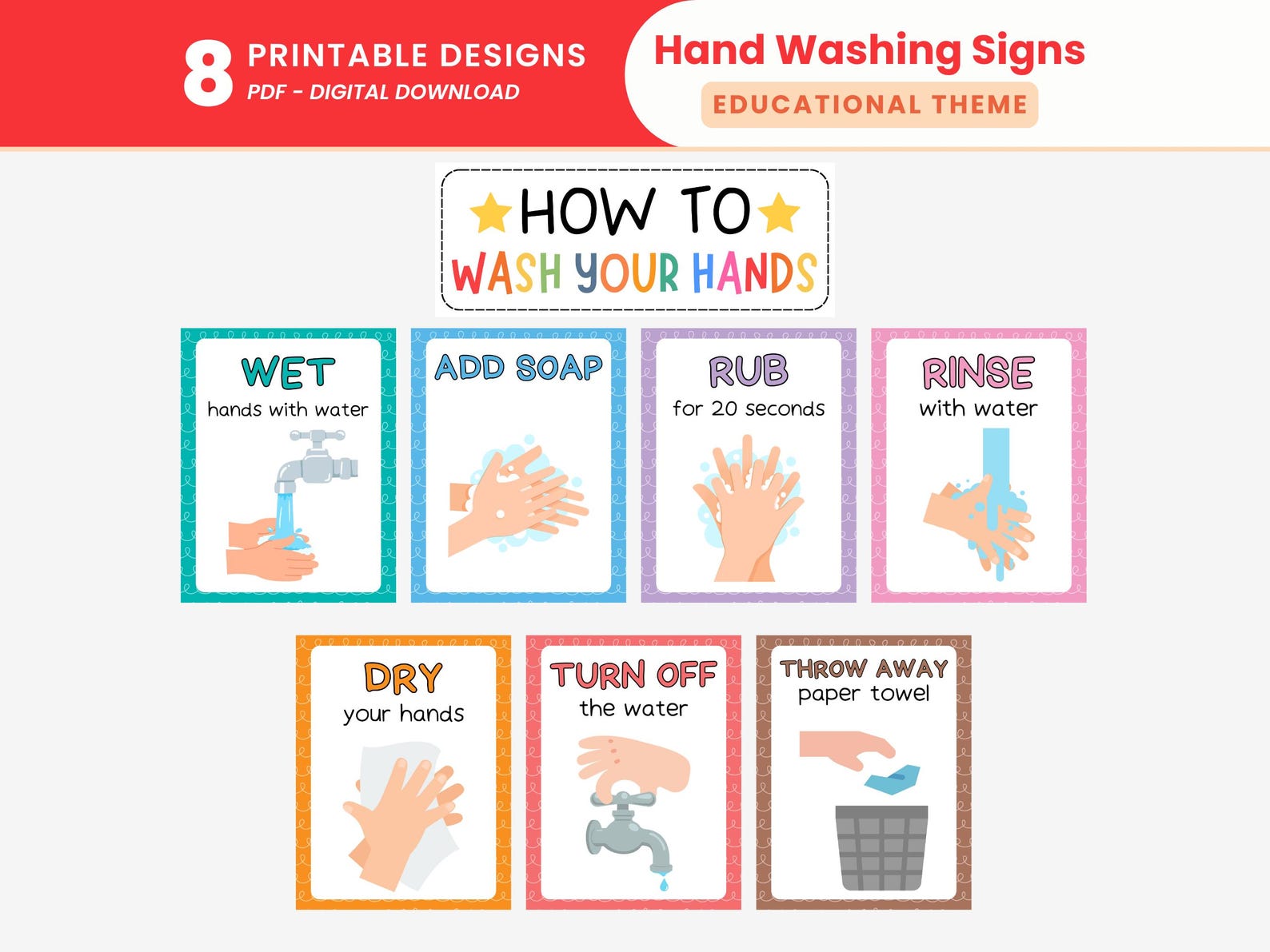 Hand Washing Steps Signs Bright Posters Big and Mini Printable Hand ...