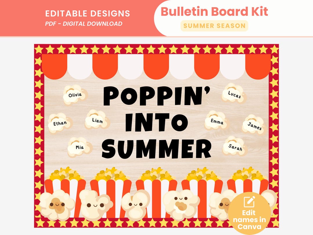 Poppin' Into Summer Popcorn Add Student Names Bulletin Board Kit ...