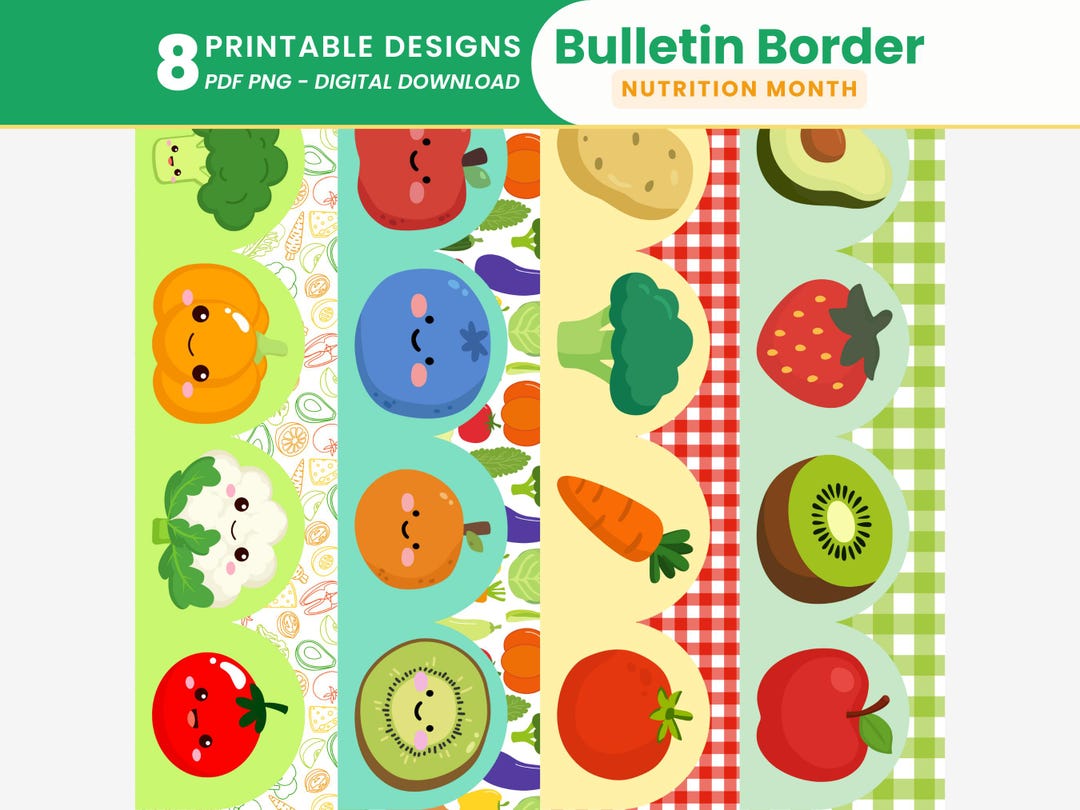 Kawaii Vegetables and Fruits Nutrition Month Bulletin Board Borders ...
