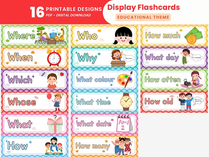 Educational Theme WH Question Words Learning Flashcards Printable WH ...