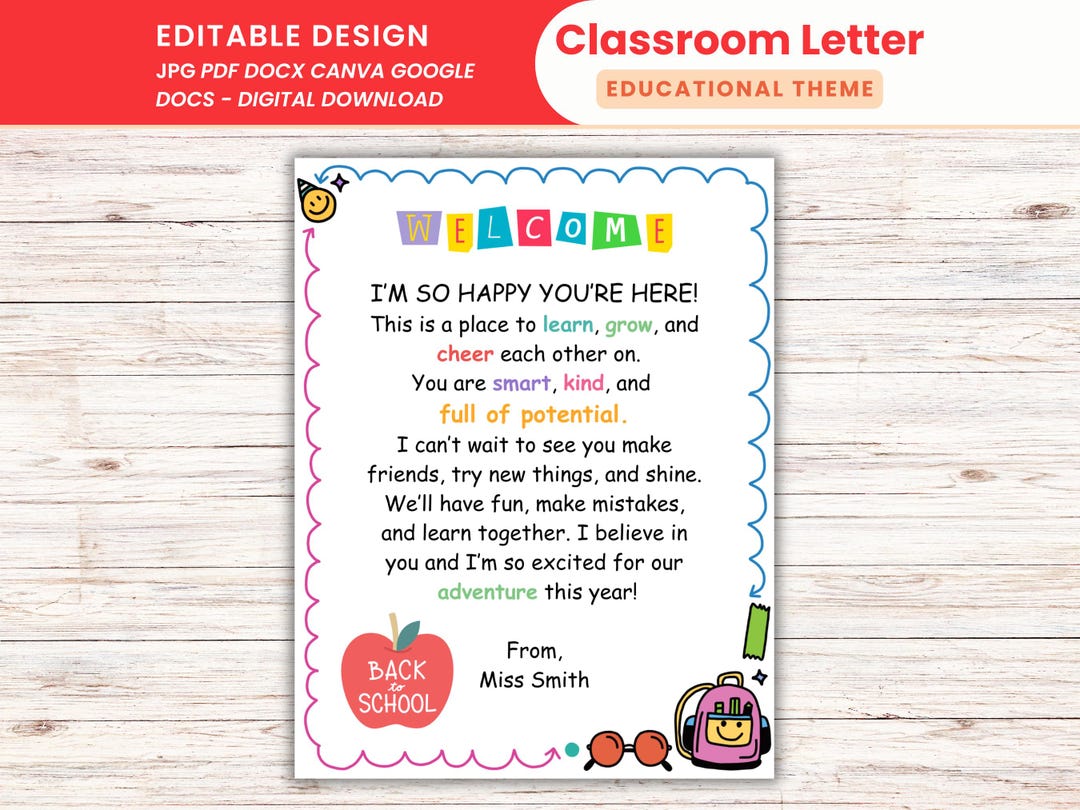 First Day of School Editable Letter for Students Welcome Back to School ...