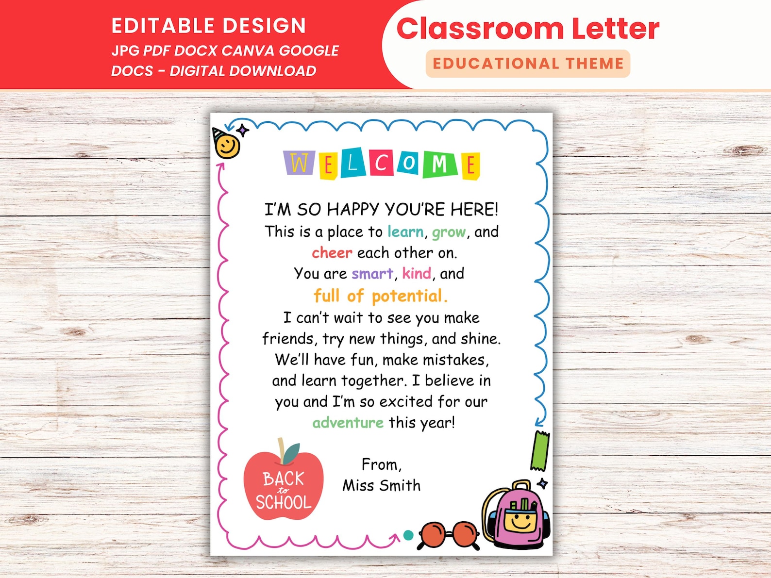 First Day of School Editable Letter for Students Welcome Back to School ...