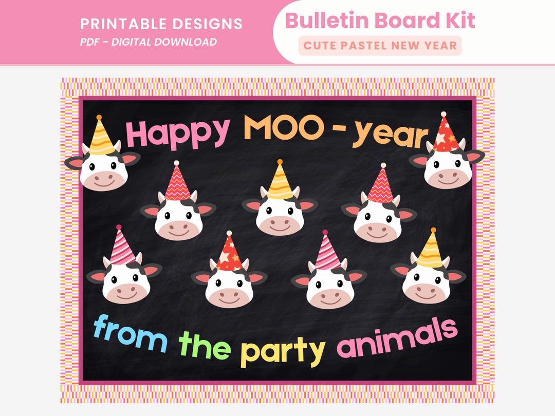 Cute Pastel New Year Cow Theme Bulletin Board Kit Printable Happy Moo ...