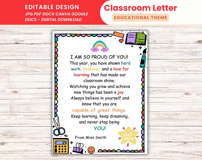 Printable End of School Year Letter for Student, Preschool Teacher to ...