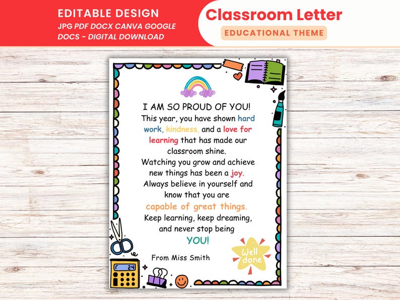 End of School Year Editable Letter for Students Last Day of School ...