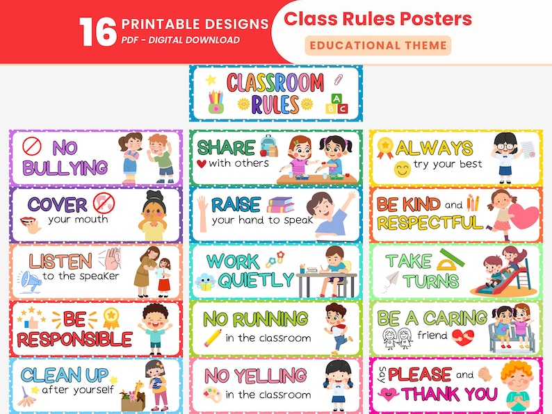Educational Classroom Rules Posters for Kids Children Kindergarten Wall ...