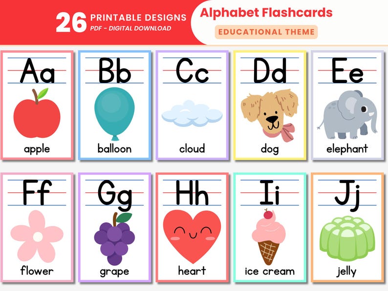 Bright Pastel Alphabet Flashcards With Pictures Printable Early ...