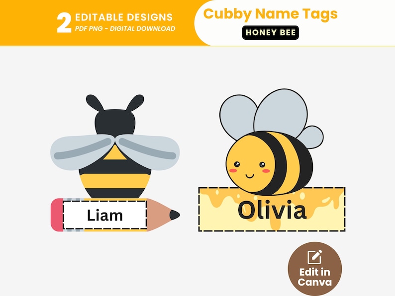 Honey Bee Cubby Name Tags Printable Bee Student Name Tags Cute Bumble ...
