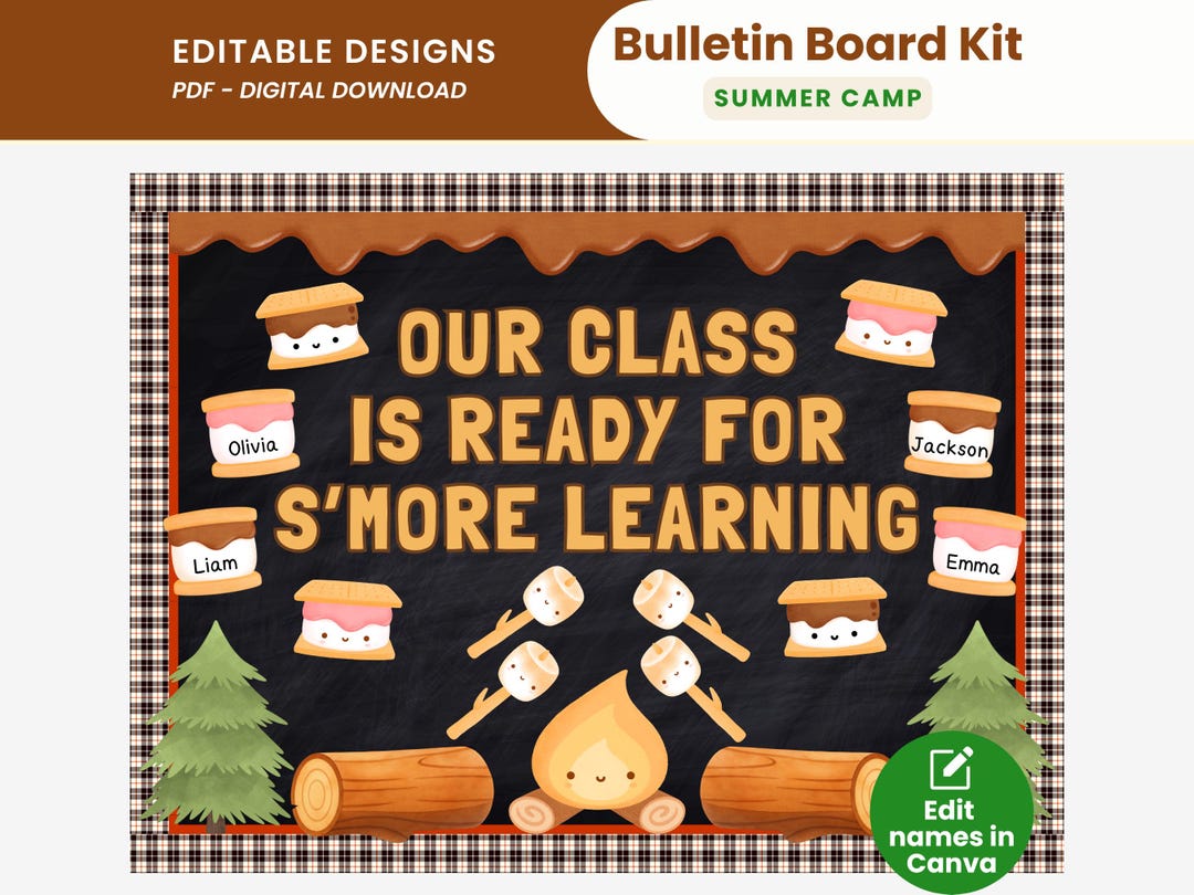 Smore Learning Camping Add Student Names Bulletin Board Kit Editable ...