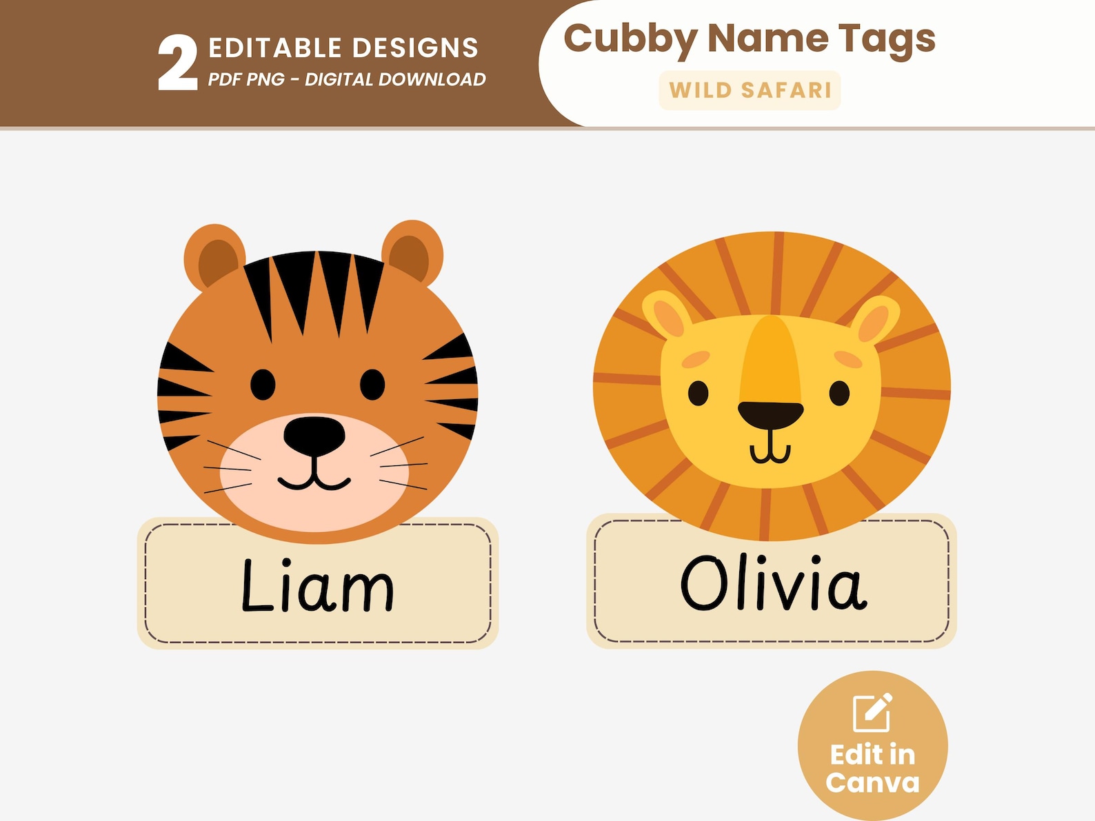 Wild Safari Cubby Name Tags Editable Animal Name Tags Tiger and Lion ...