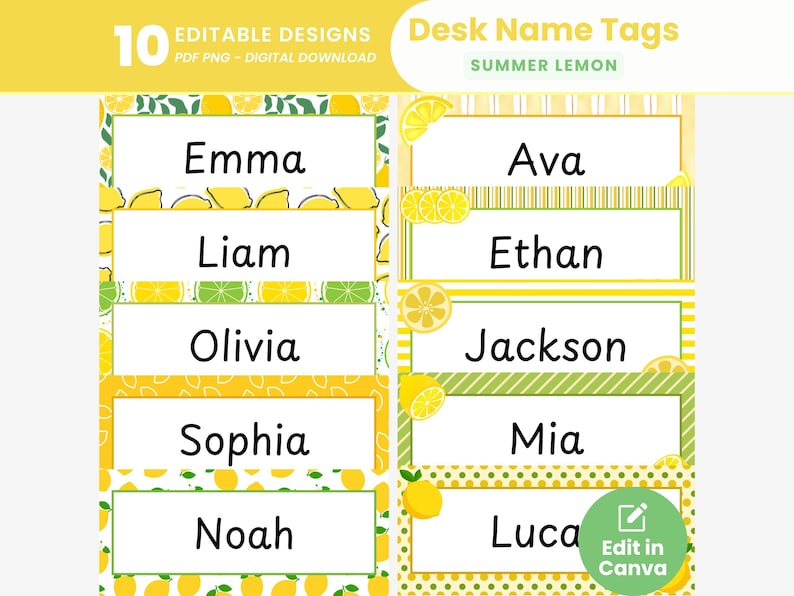 Summer Lemon Desk Name Tags Editable Lemon Student Name Tags Cute ...