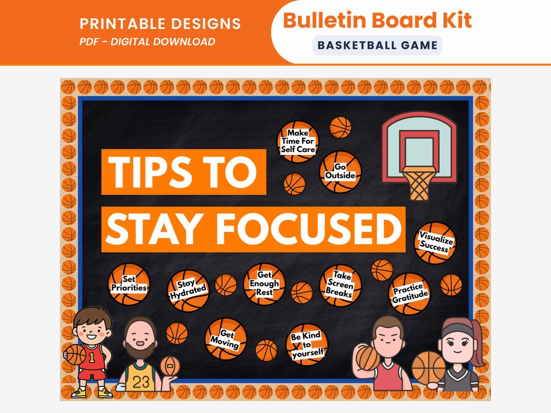 Tips to Stay Focused Basketball Theme March Madness Bulletin Board Kit ...