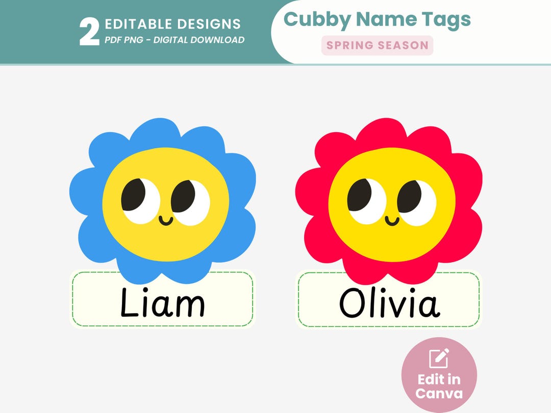 Kawaii Cartoon Flowers Spring Cubby Name Tags Editable Smiley Flower ...