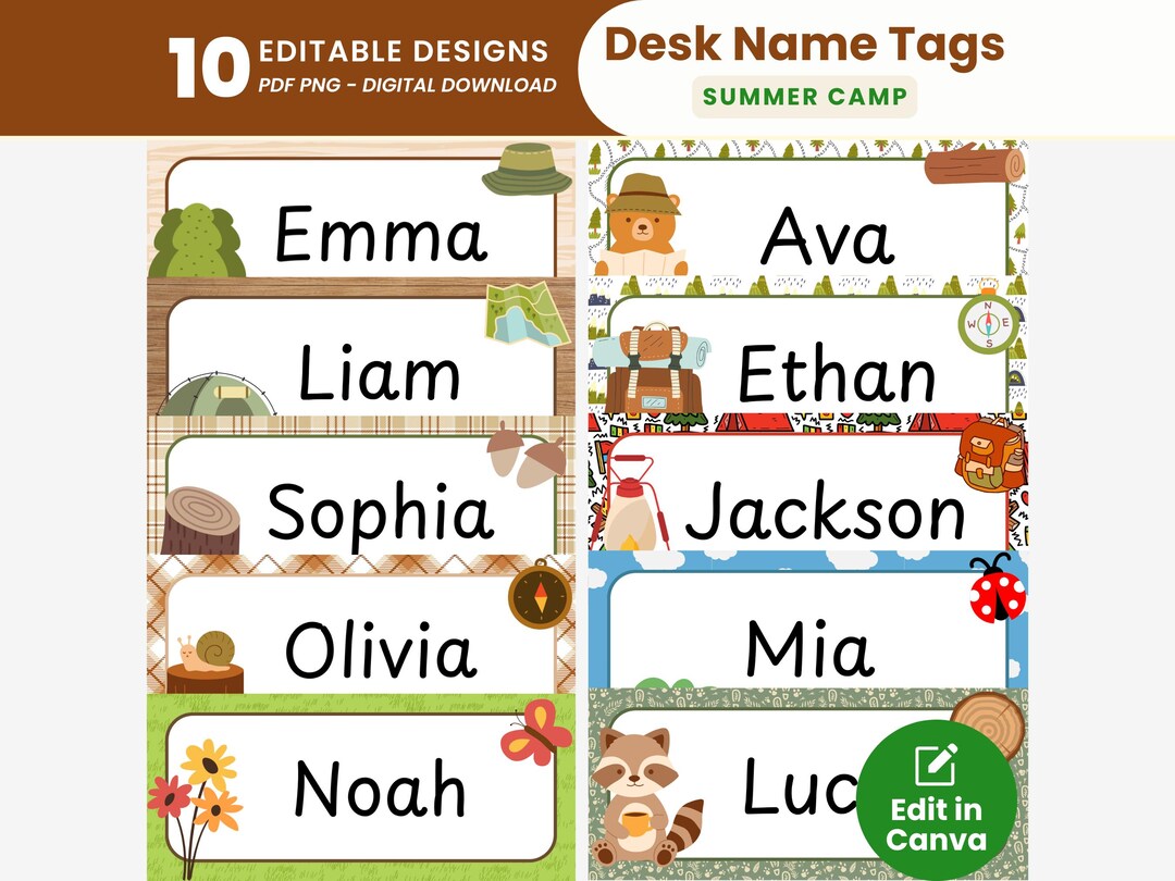 Summer Camp Desk Name Tags Editable Camping Student Name Tags Camping ...
