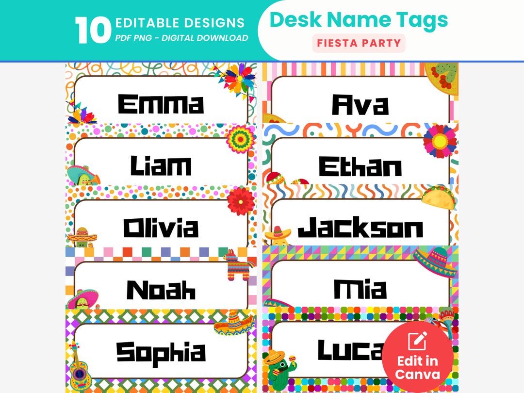 Fiesta Party Desk Name Tags Canva Template Editable Student Desk Name ...