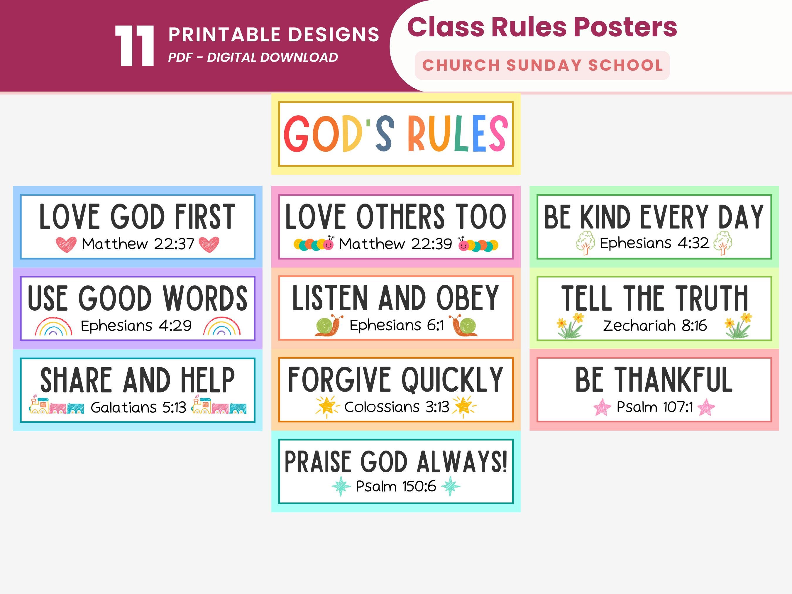 Sunday School Rules Bright Pastel Posters for Kids Printable God's ...