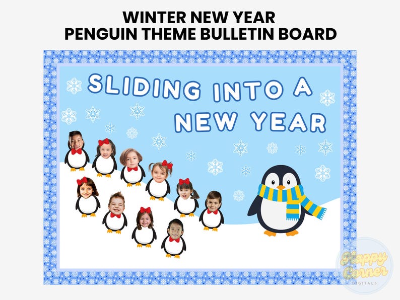 Winter New Year Penguin Theme Add Children Faces Bulletin Board Kit ...