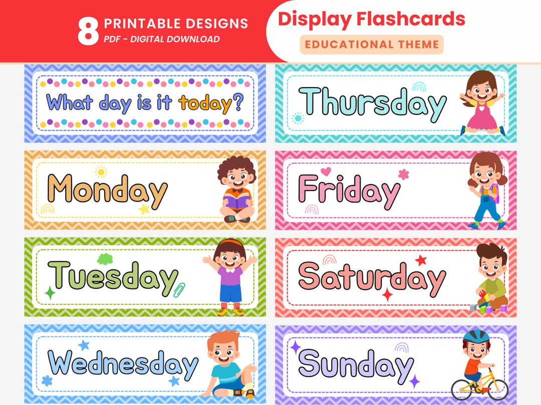 Educational Theme Days of the Week Flashcards Printable Early Learning ...