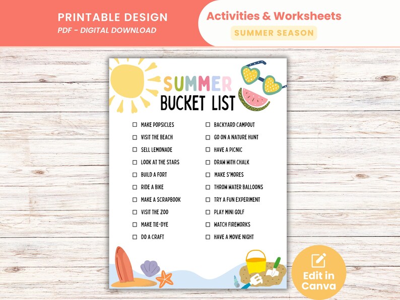 Summer Bucket List Activities for Kids Printable Summer Bucket List ...