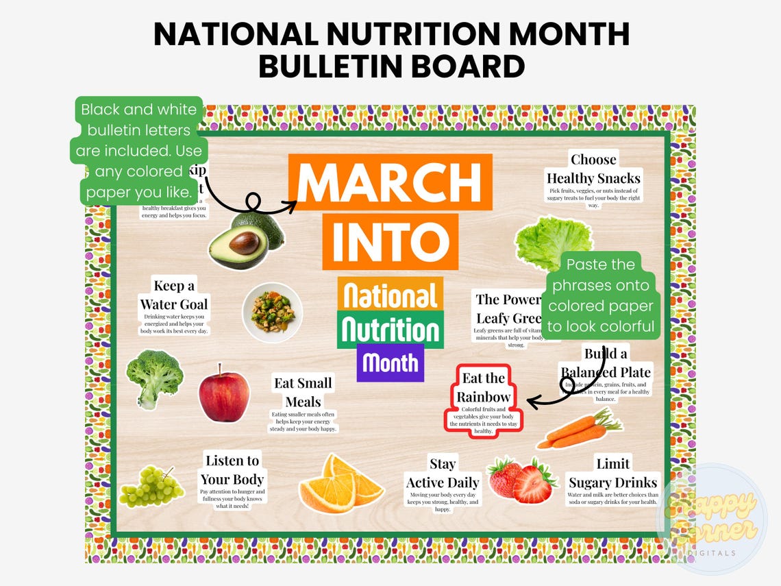March Into National Nutrition Month Bulletin Board Kit Printable Spring ...