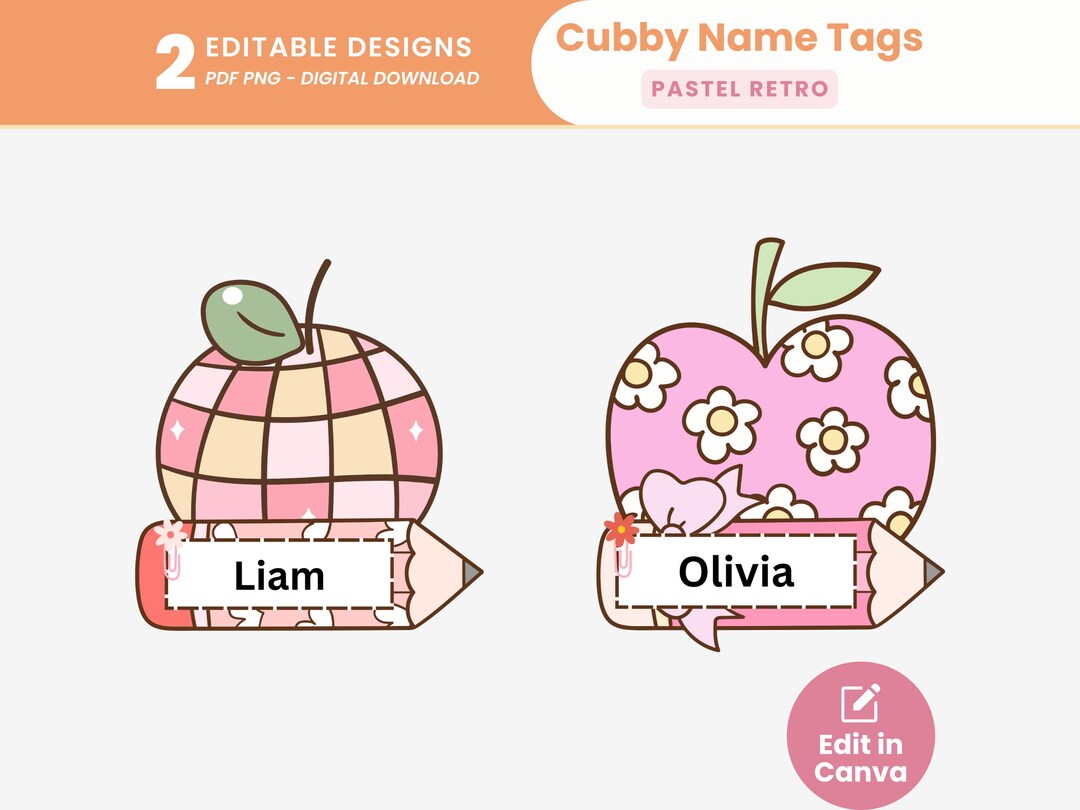 Pastel Retro Apple Cubby Name Tags Printable Groovy Apple Cubby Tags ...