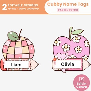 Pastel Retro Apple Cubby Name Tags Printable Groovy Apple Cubby Tags ...