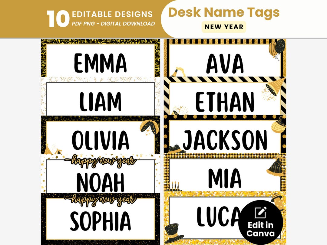Black and Gold New Year Desk Name Tags Editable New Year Party Games ...