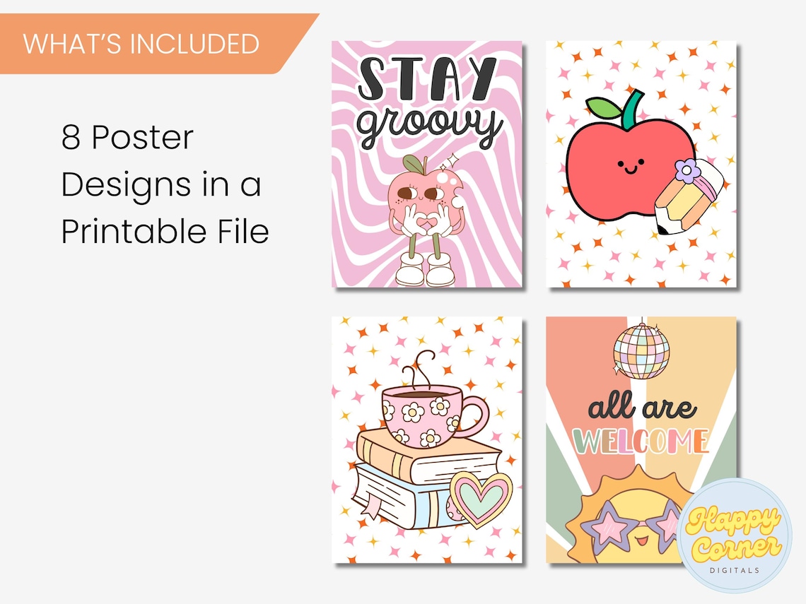 Pastel Retro Classroom Posters Display Set of 8 Printable Groovy ...