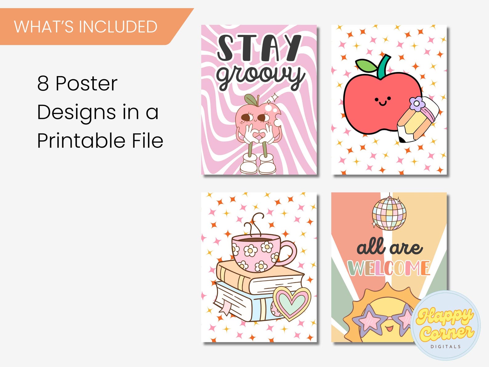 Pastel Retro Classroom Posters Display Set of 8 Printable Groovy ...