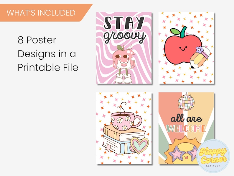 Pastel Retro Classroom Posters Display Set of 8 Printable Groovy ...