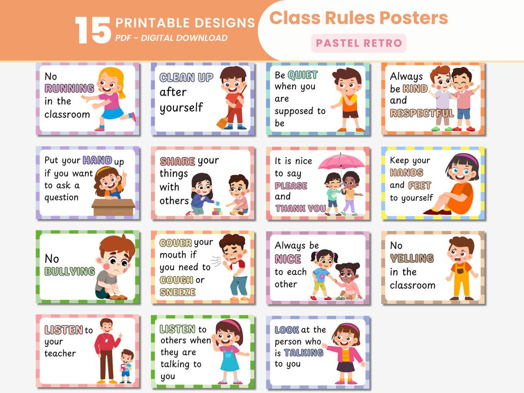 Pastel Retro Classroom Rules Bulletin A4 Posters Printable Groovy ...