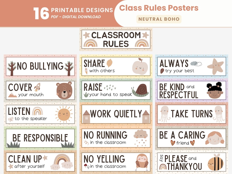 Neutral Boho Classroom Rules and Expectations Posters Printable Cute ...
