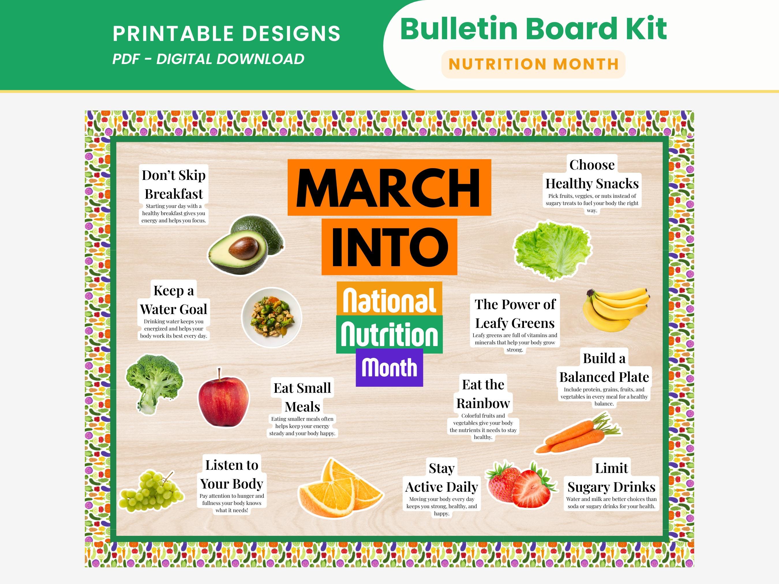 March Into National Nutrition Month Bulletin Board Kit Printable Spring ...