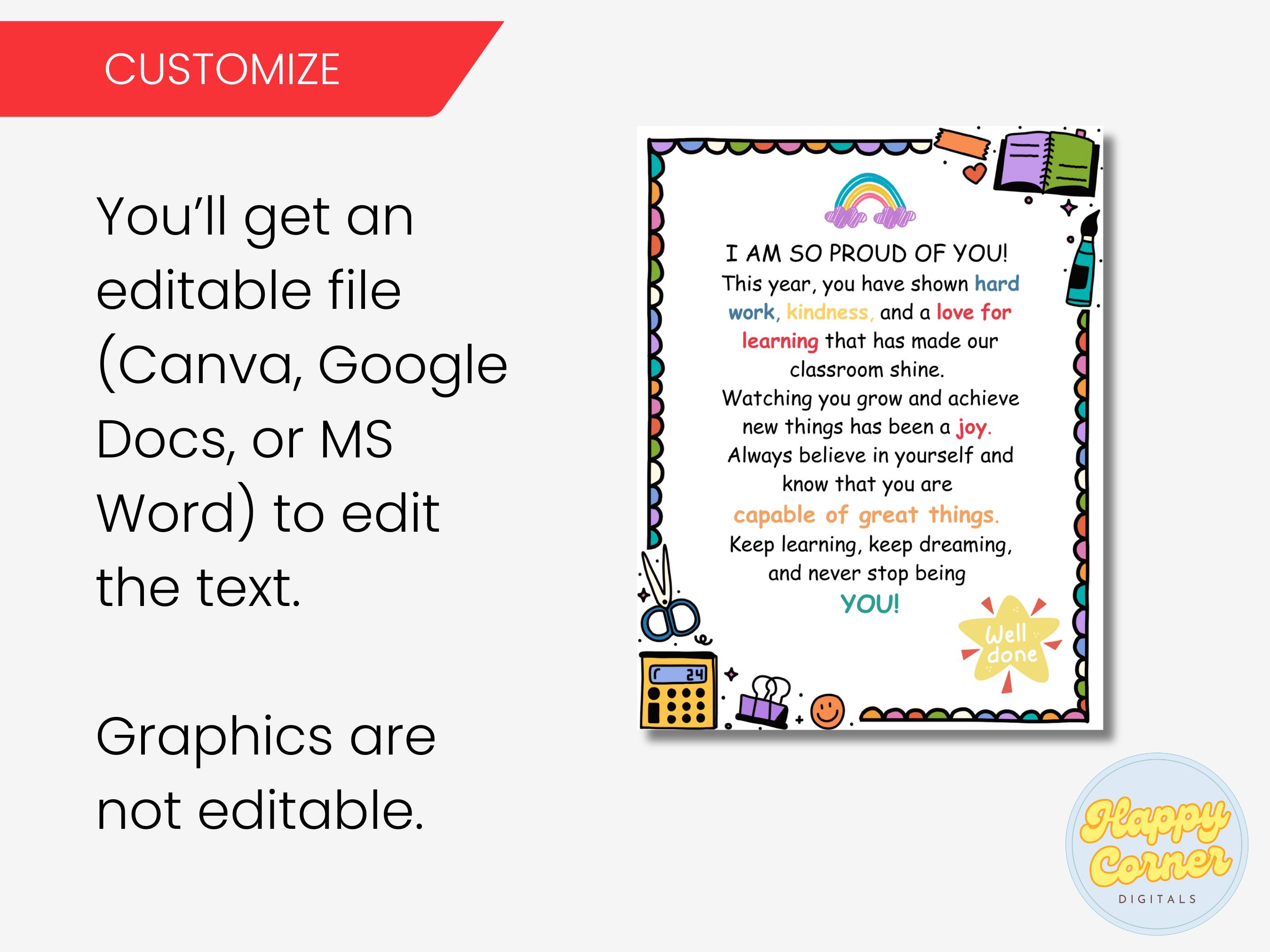 End of School Year Editable Letter for Students Last Day of School ...