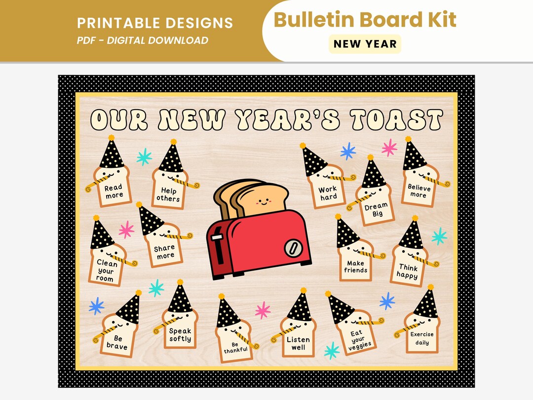 New Year Resolutions Toast Theme Pun Bulletin Board Kit Printable New ...