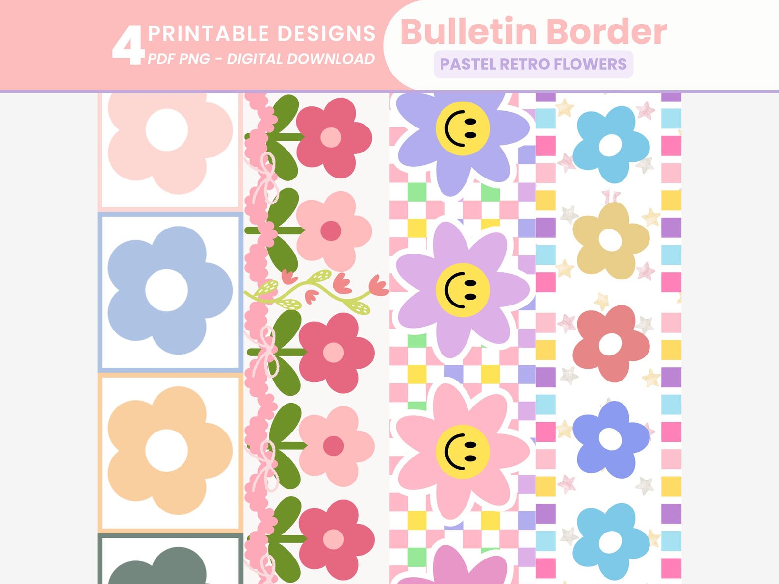 Pastel Retro Flowers Bulletin Board Border Pastel Classroom Decor for ...