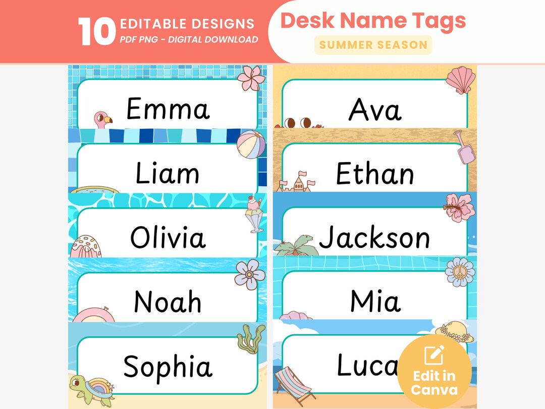 Beach Summer Desk Name Tags Editable Student Desk Name Plates Vacation ...