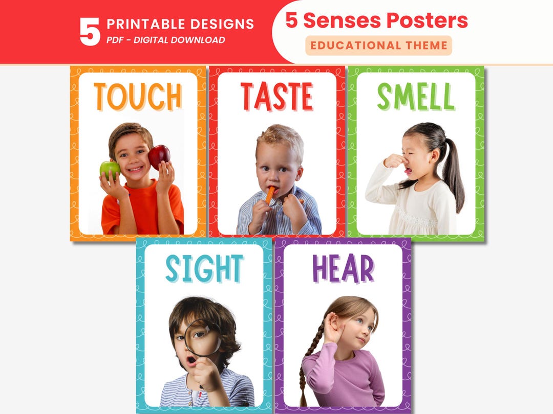 5 Senses Bright Posters With Real Kids Printable Five Senses Colorful ...