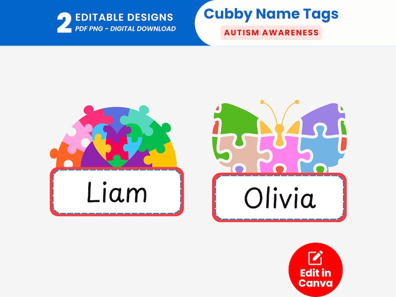 Autism Puzzle Piece Cubby Name Tags Editable Puzzle Pieces Name Tags ...