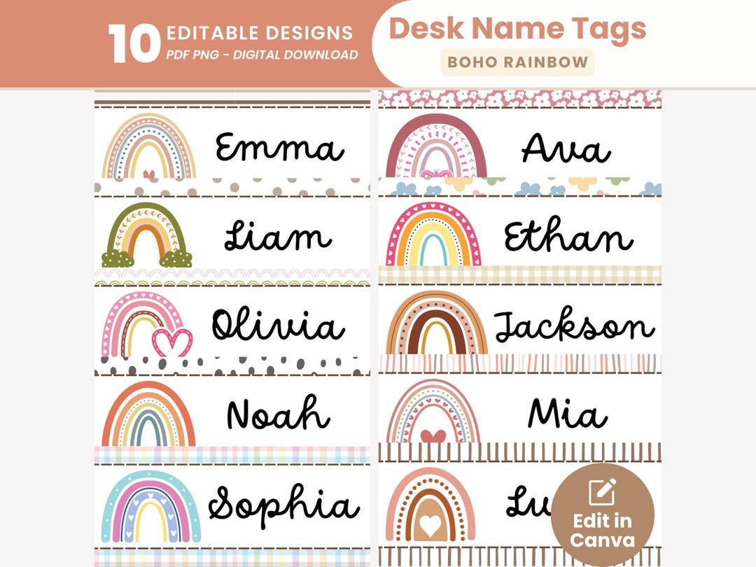 Boho Rainbow Desk Name Tags Editable Student Name Plates Pastel Boho ...