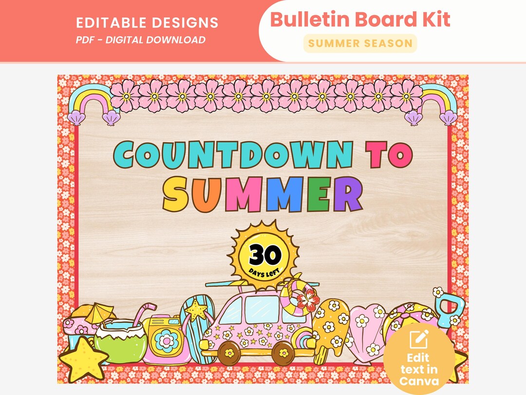 Countdown to Summer Beach Themed Groovy Bulletin Board Kit Editable End ...