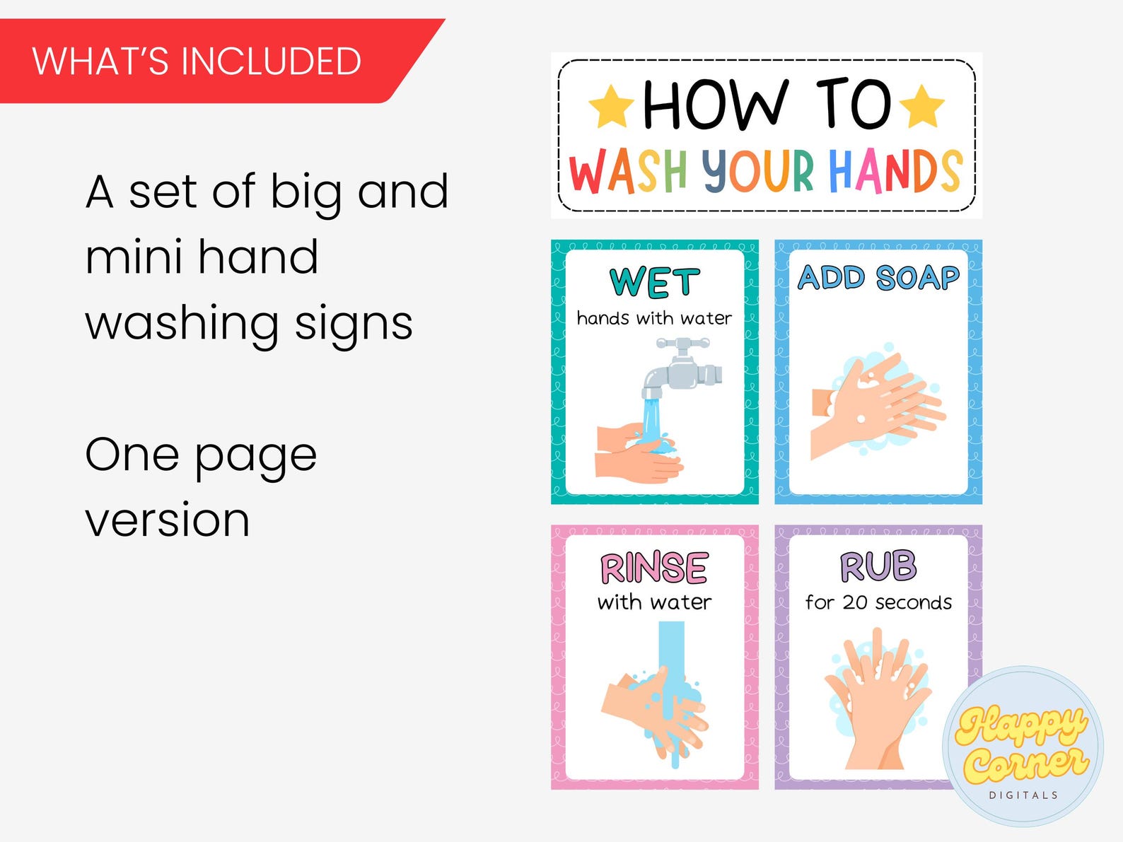 Hand Washing Steps Signs Bright Posters Big and Mini Printable Hand ...