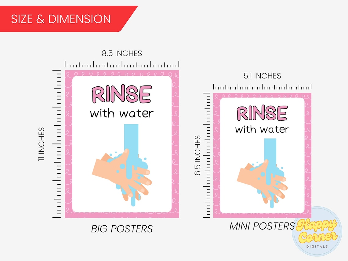 Hand Washing Steps Signs Bright Posters Big and Mini Printable Hand ...