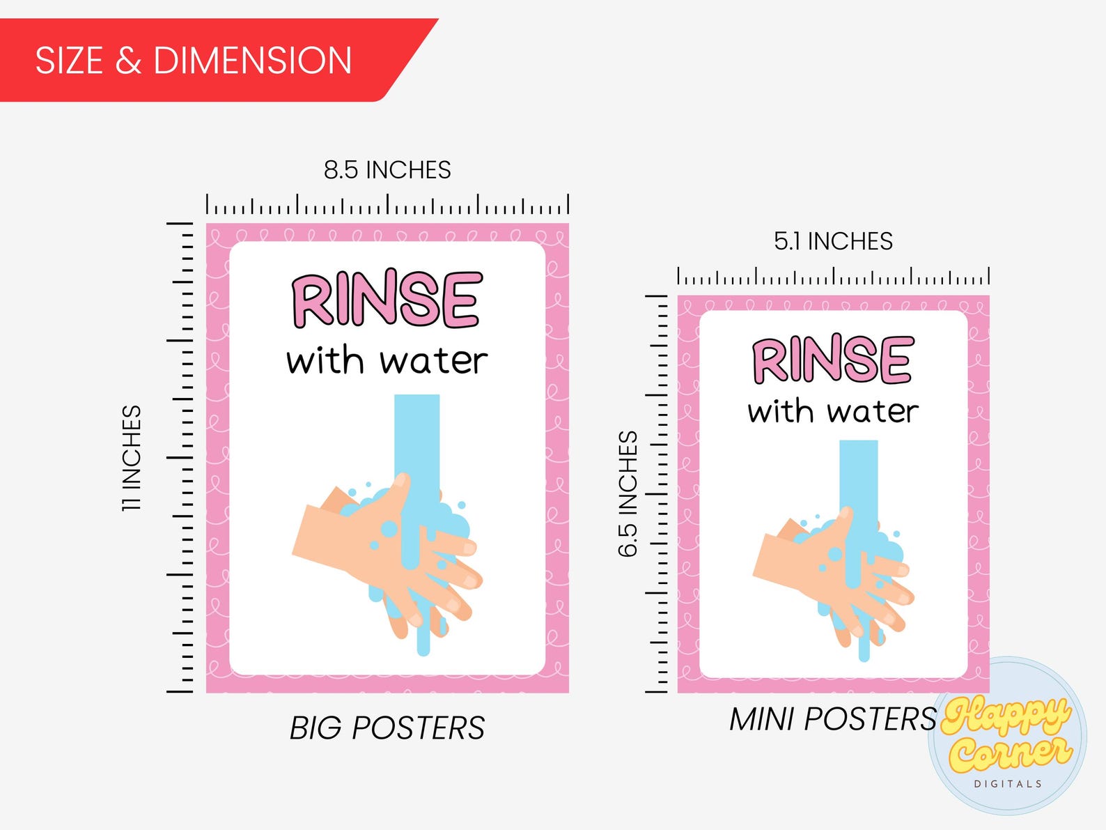 Hand Washing Steps Signs Bright Posters Big and Mini Printable Hand ...