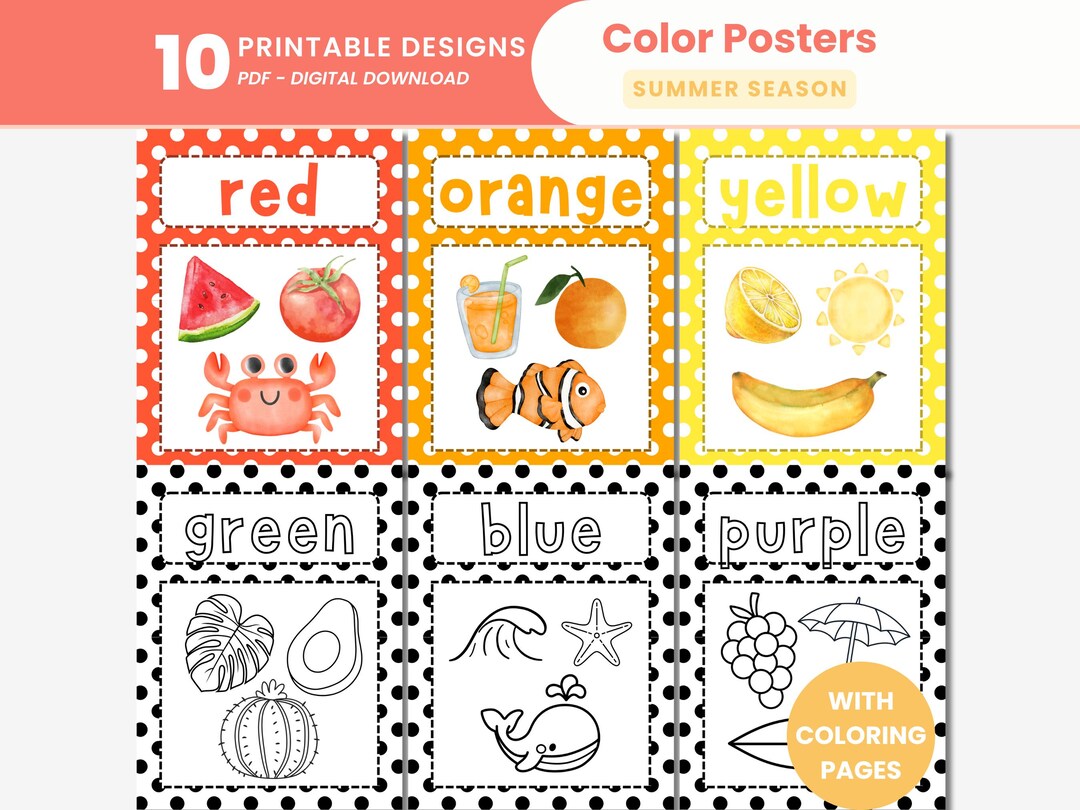 Summer Color Posters With Matching Coloring Pages Printable Watercolor ...