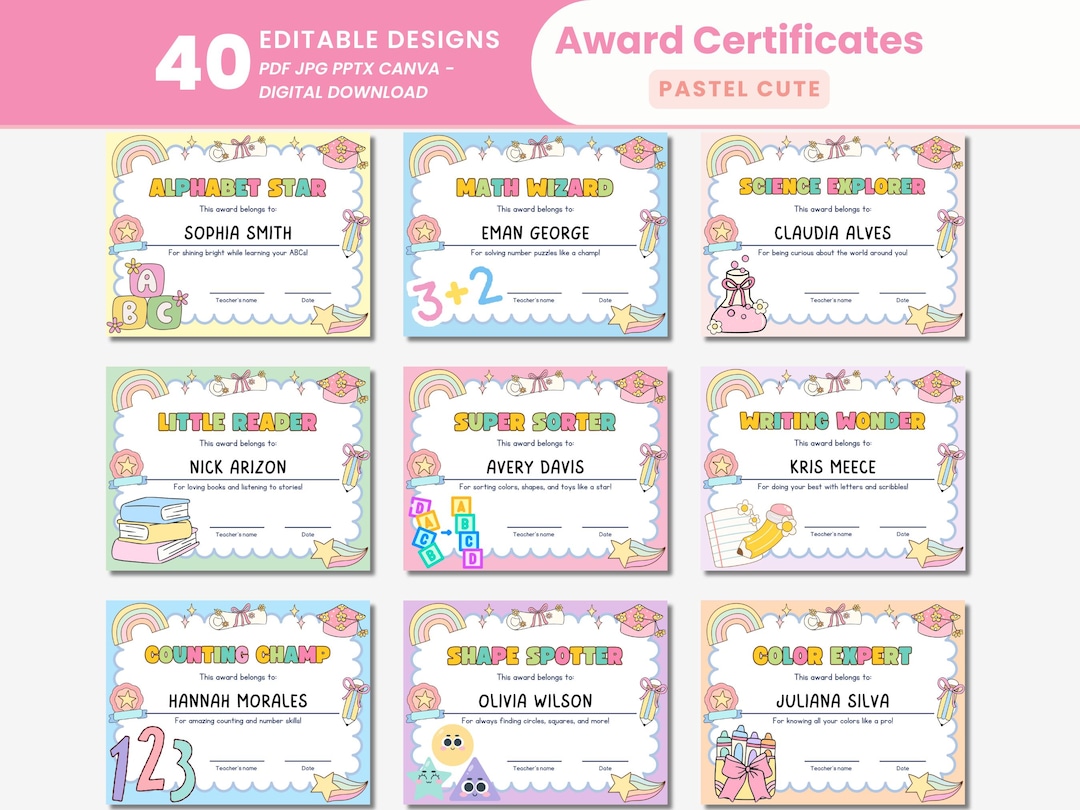 Pastel Cute End of Year Award Certificates Editable Kids Award ...