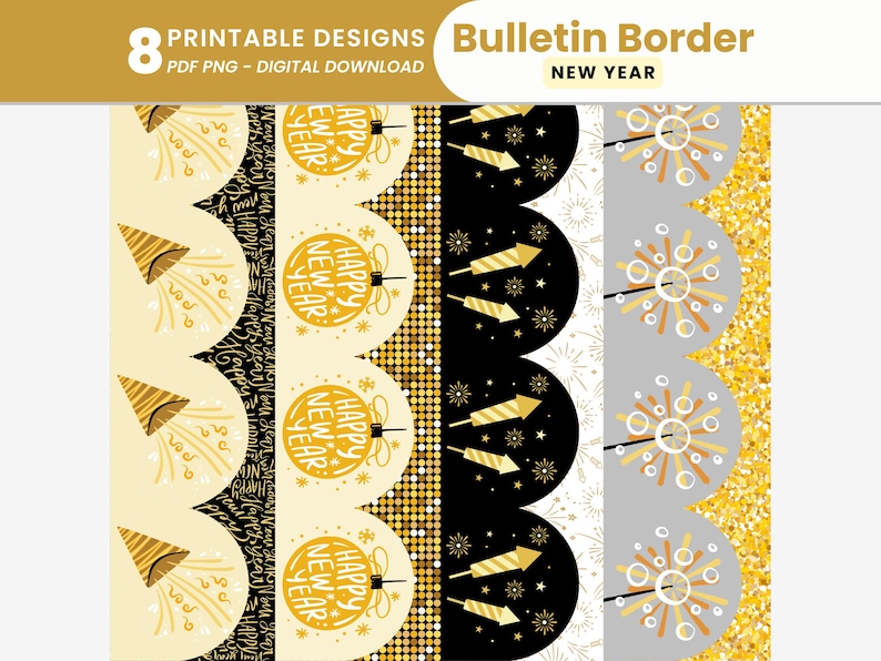 Black and Gold New Year Bulletin Board Borders Printable New Year Party ...